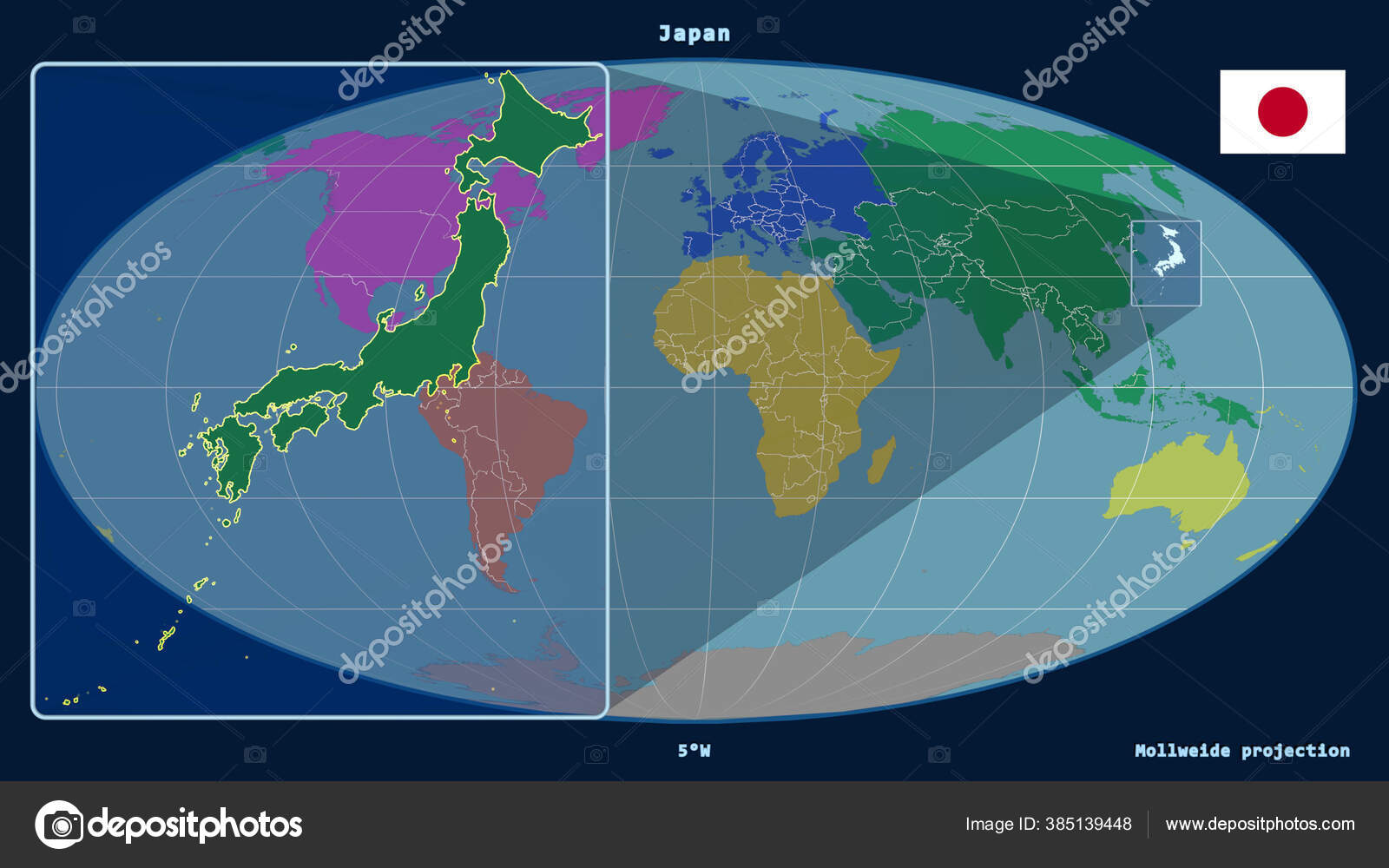 Zoomed View Japan Outline Perspective Lines Global Map Mollweide ...