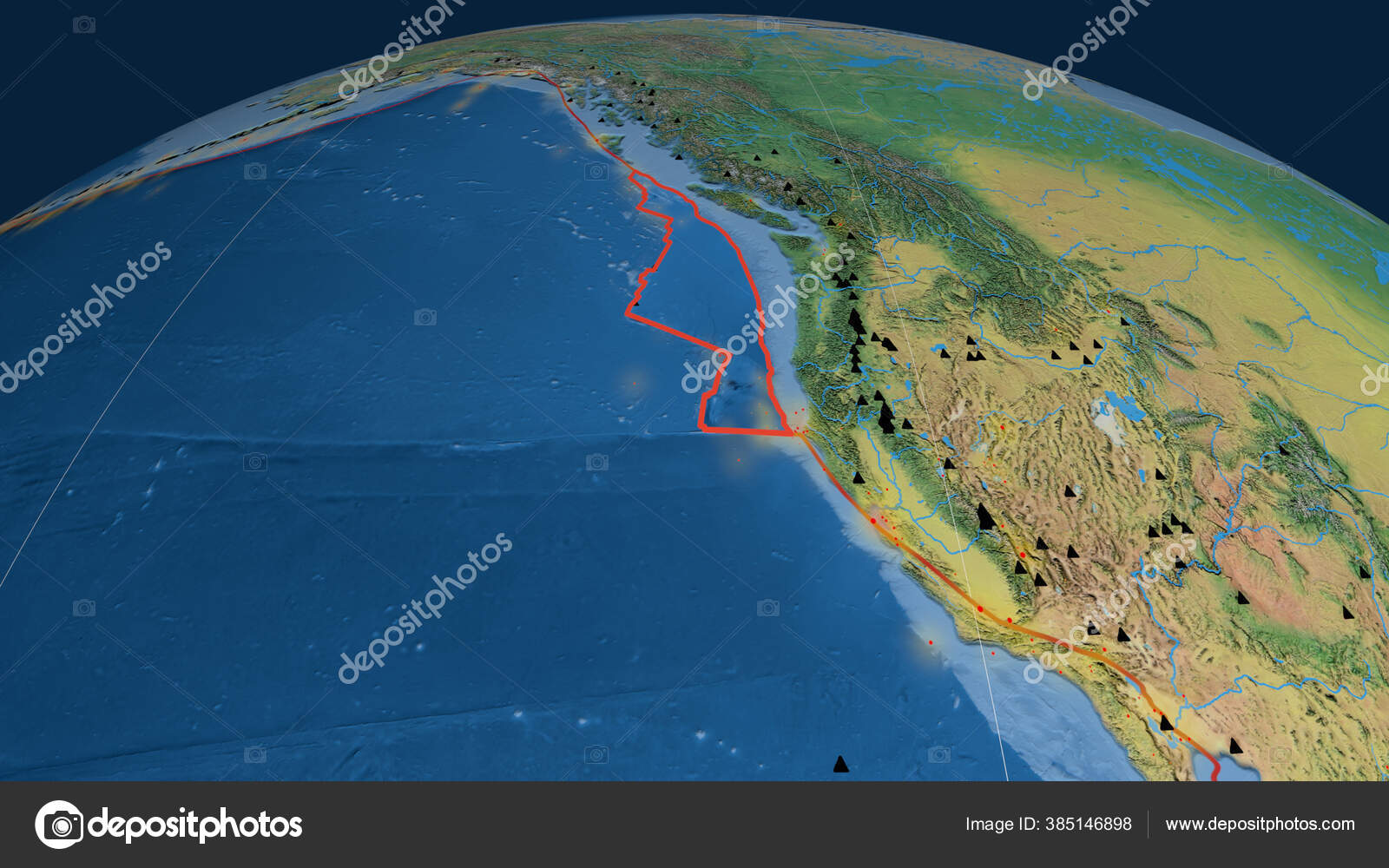 Placa Tectónica Juan Fuca Delineada Sobre Globo Mapa Topográfico ...