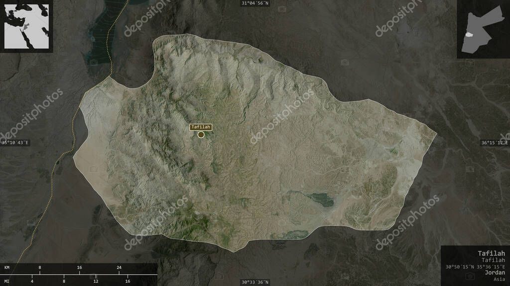 Tafilah, provincia de Jordania. Imágenes de satélite. Forma presentada contra su área de país ...