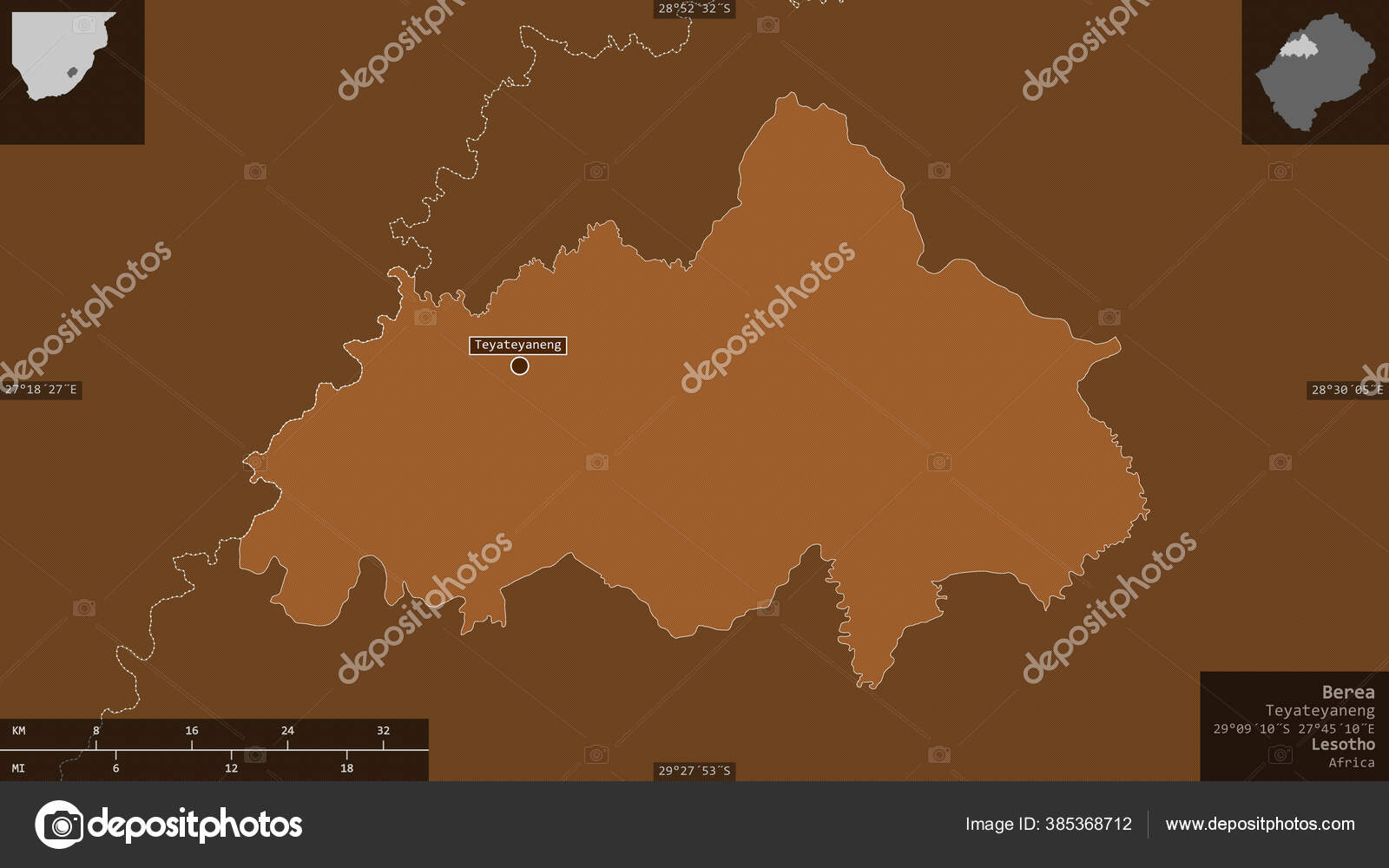 Berea District Lesotho Patterned Solids Lakes Rivers Shape Presented ...
