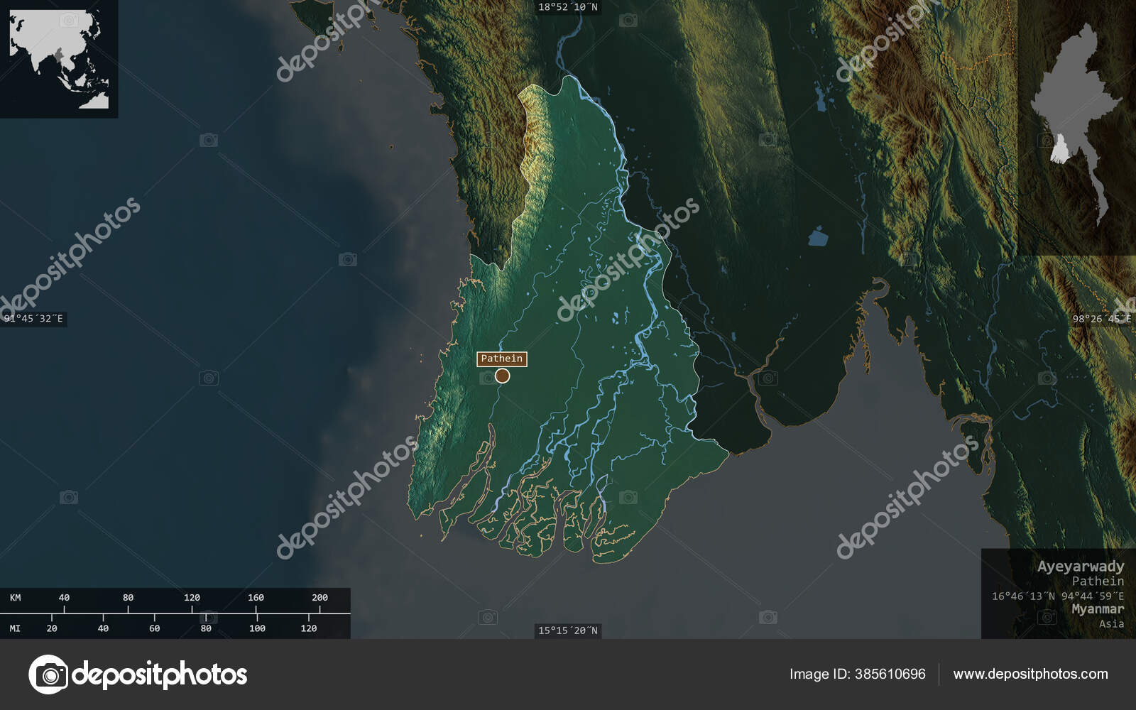 Ayeyarwady Division Myanmar Colored Relief Lakes Rivers Shape Presented ...