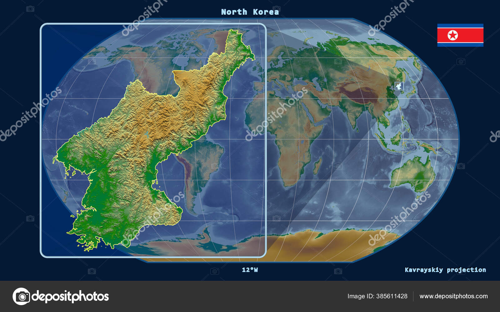 Zoomed View North Korea Outline Perspective Lines Global Map Kavrayskiy ...