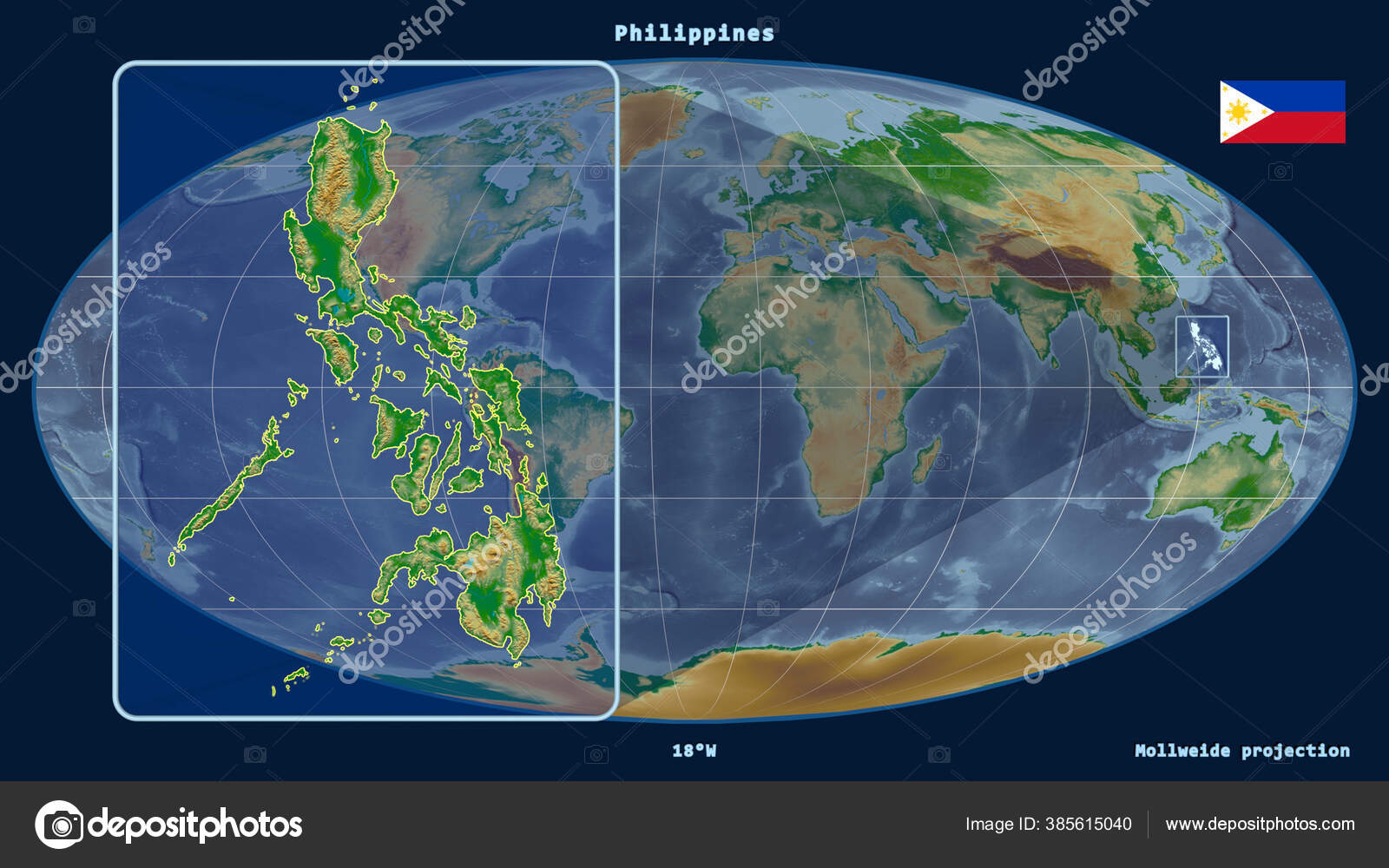 Zoomed View Philippines Outline Perspective Lines Global Map Mollweide ...