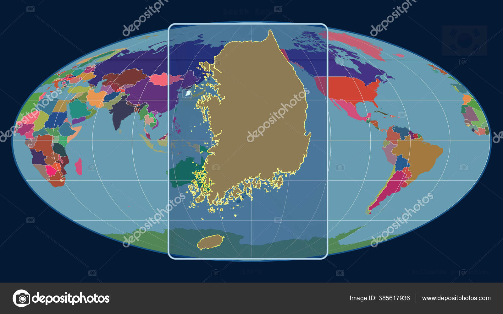 Zoomed View South Korea Outline Perspective Lines Global Map Mollweide ...
