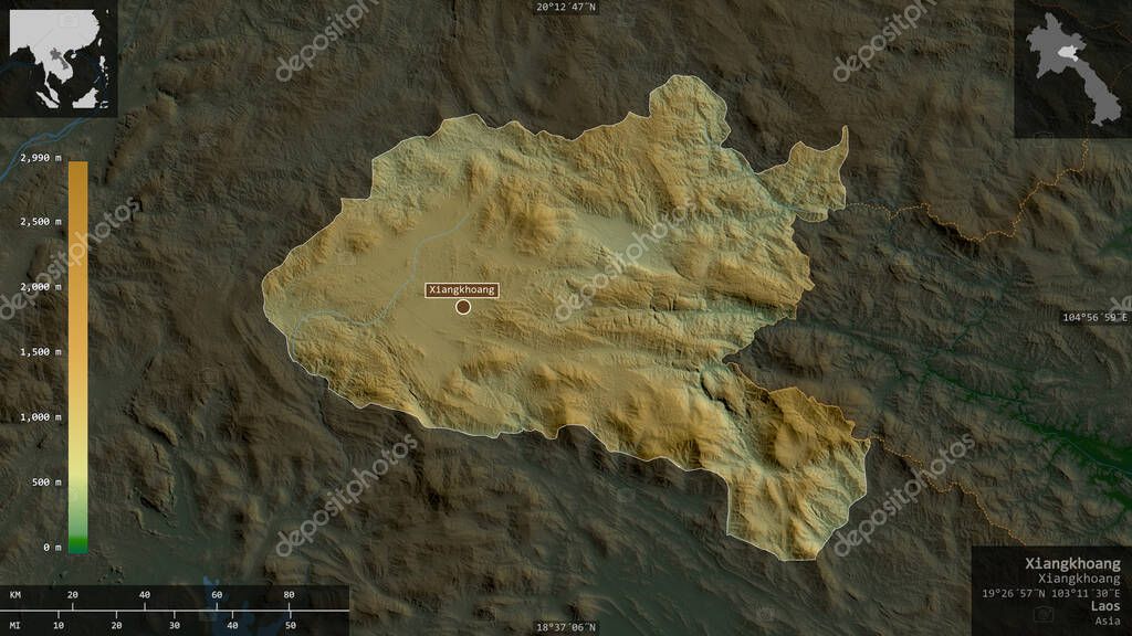 Xiangkhoang, provincia de Laos. Datos de sombreado de colores con lagos ...