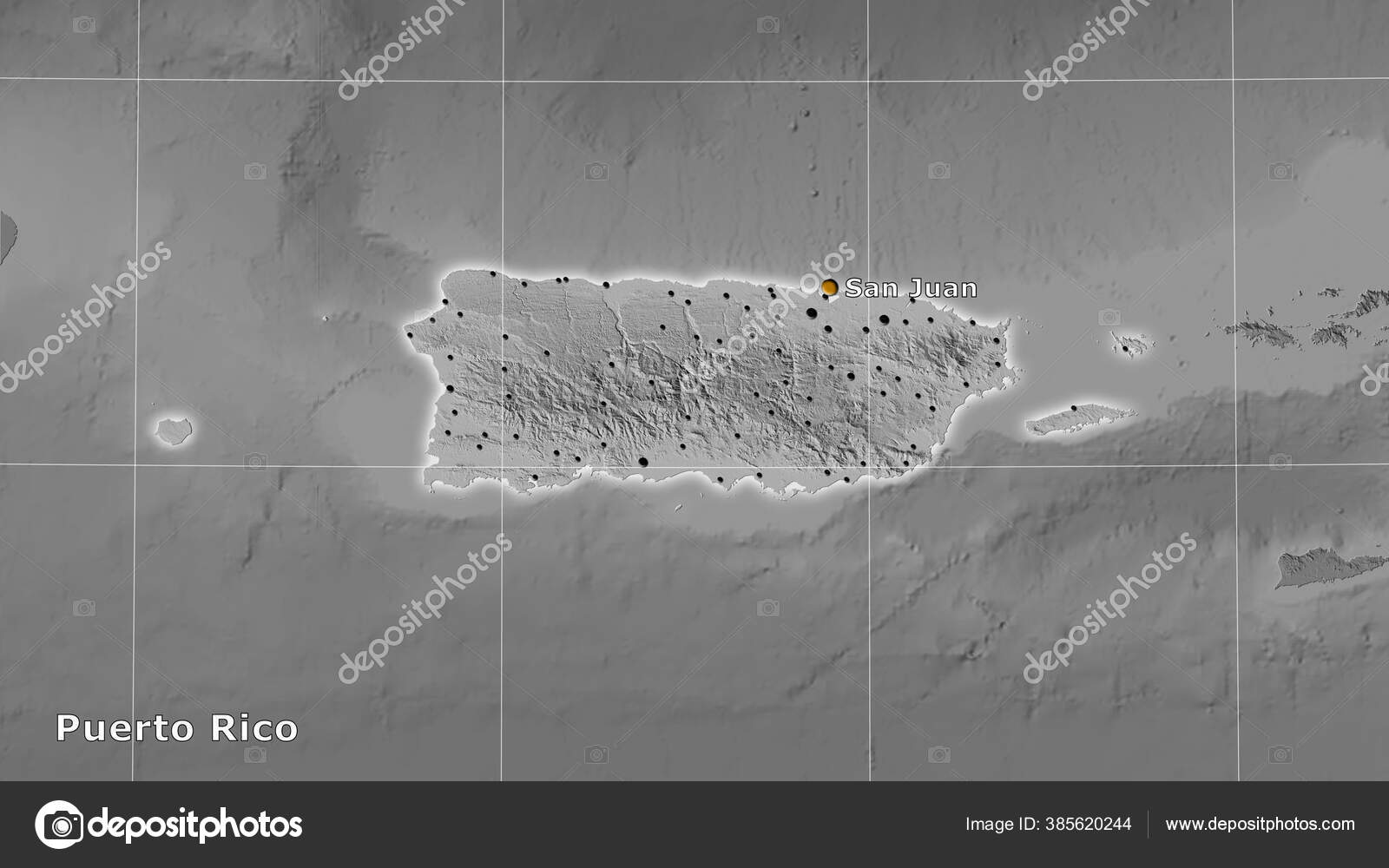 Puerto Rico Area Grayscale Elevation Map Stereographic Projection Main ...