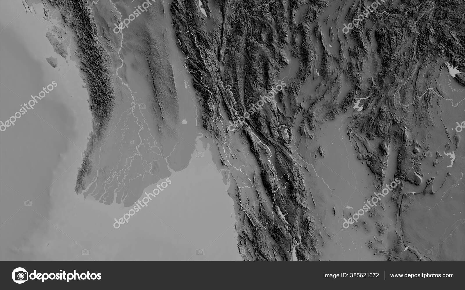 Kayin State Myanmar Grayscaled Map Lakes Rivers Shape Outlined Its ...