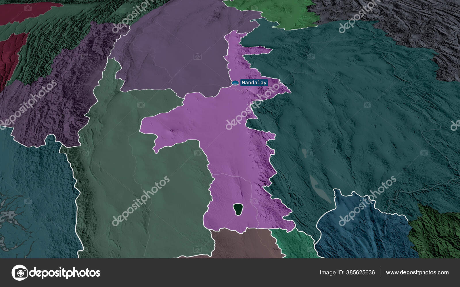 Mandalay Division Myanmar Zoomed Highlighted Capital Colored Bumped Map ...