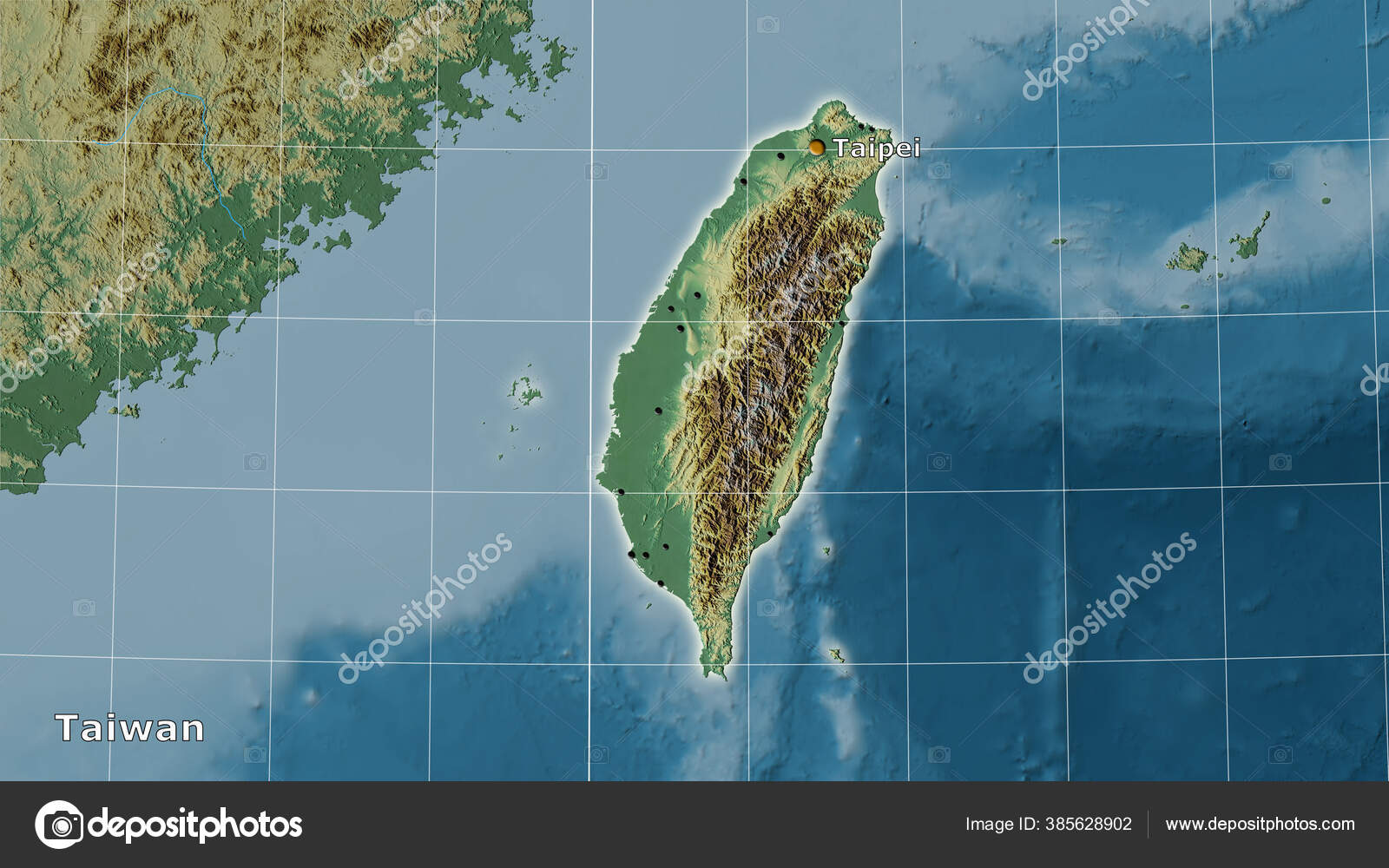 Taiwan Area Topographic Relief Map Stereographic Projection Main ...
