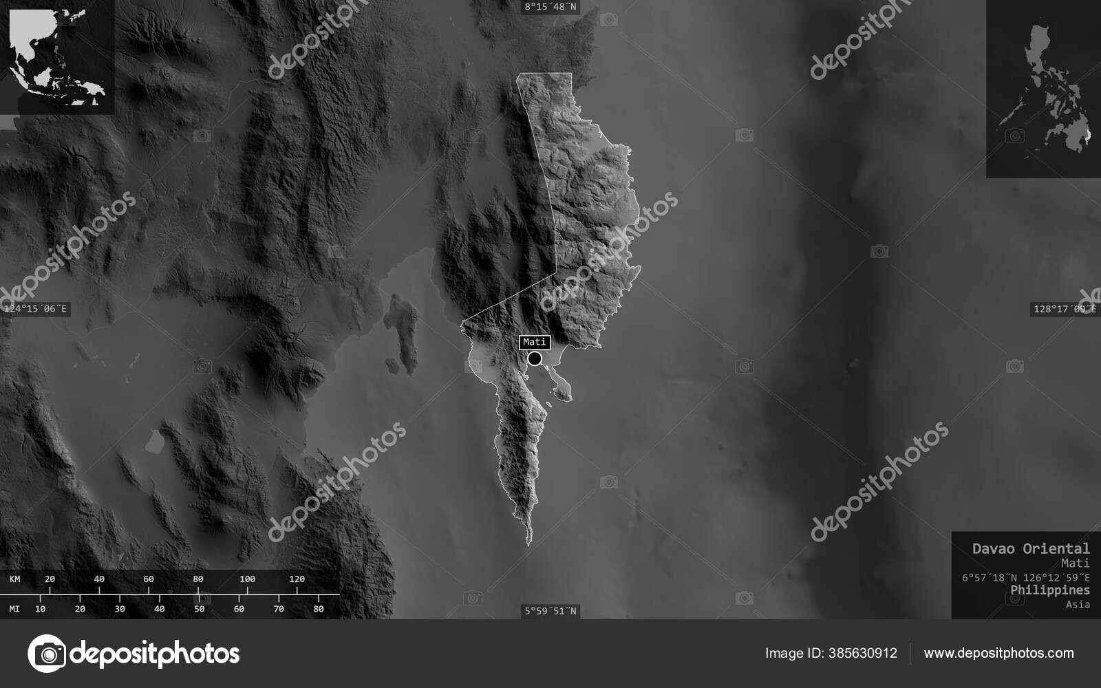 Davao Oriental Province Philippines Grayscaled Map Lakes Rivers Shape ...