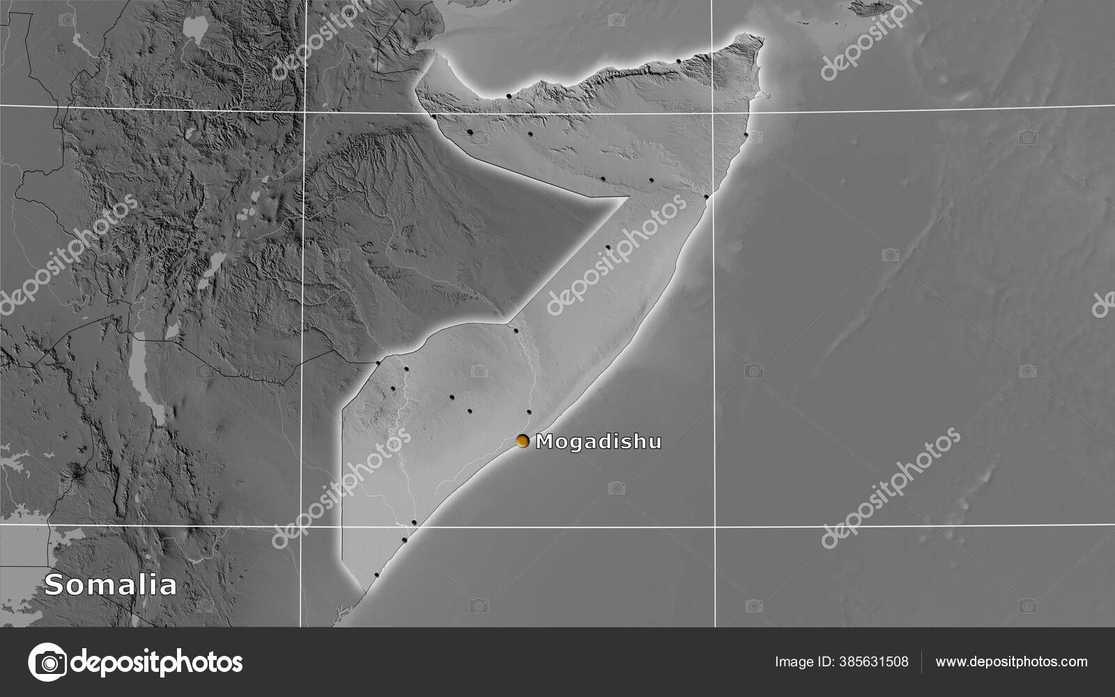 Somalia Area Grayscale Elevation Map Stereographic Projection Main ...