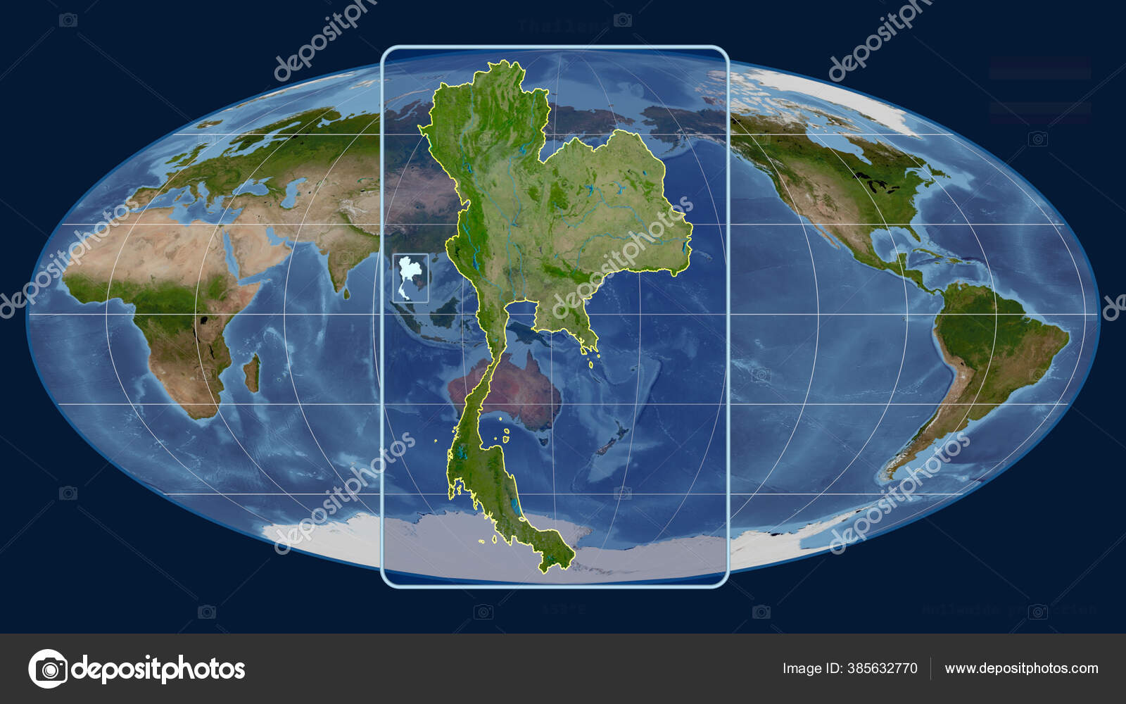 Zoomed View Thailand Outline Perspective Lines Global Map Mollweide ...