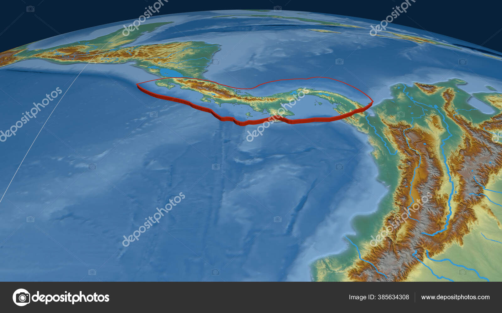 Panama Tectonic Plate Extruded Globe Topographic Relief Map Rendering ...