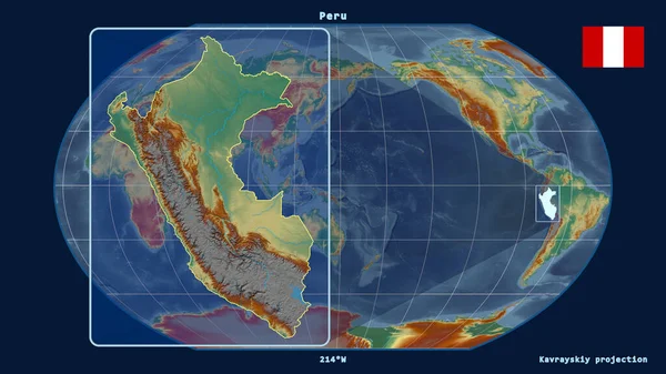 Zoomed-in view of Peru outline with perspective lines against a global ...