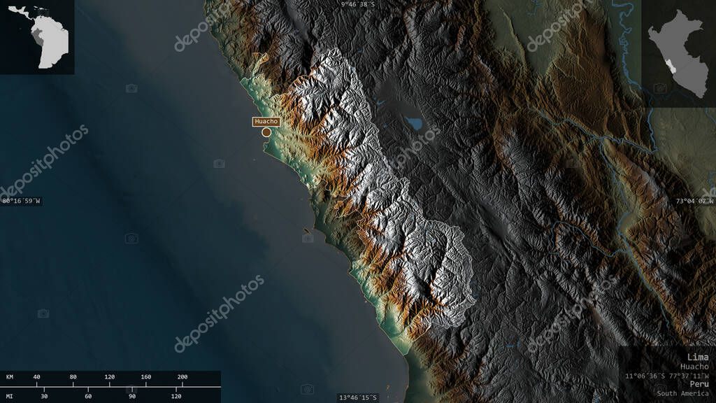 Lima, región del Perú. Relieve de colores con lagos y ríos. Forma ...