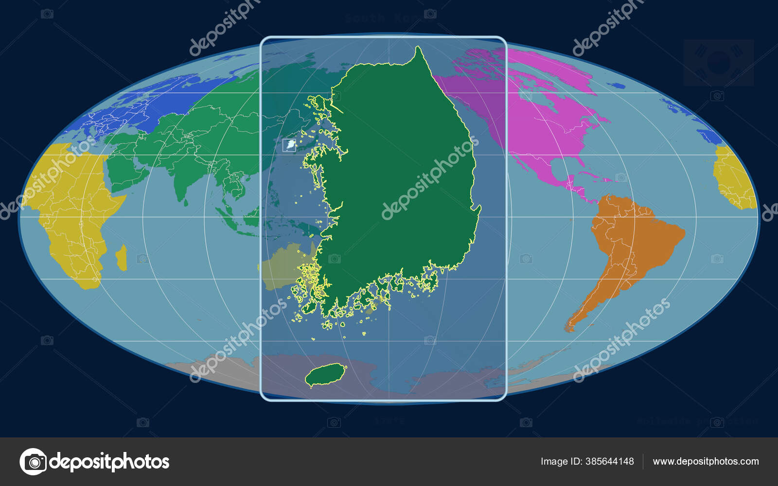 Zoomed View South Korea Outline Perspective Lines Global Map Mollweide ...