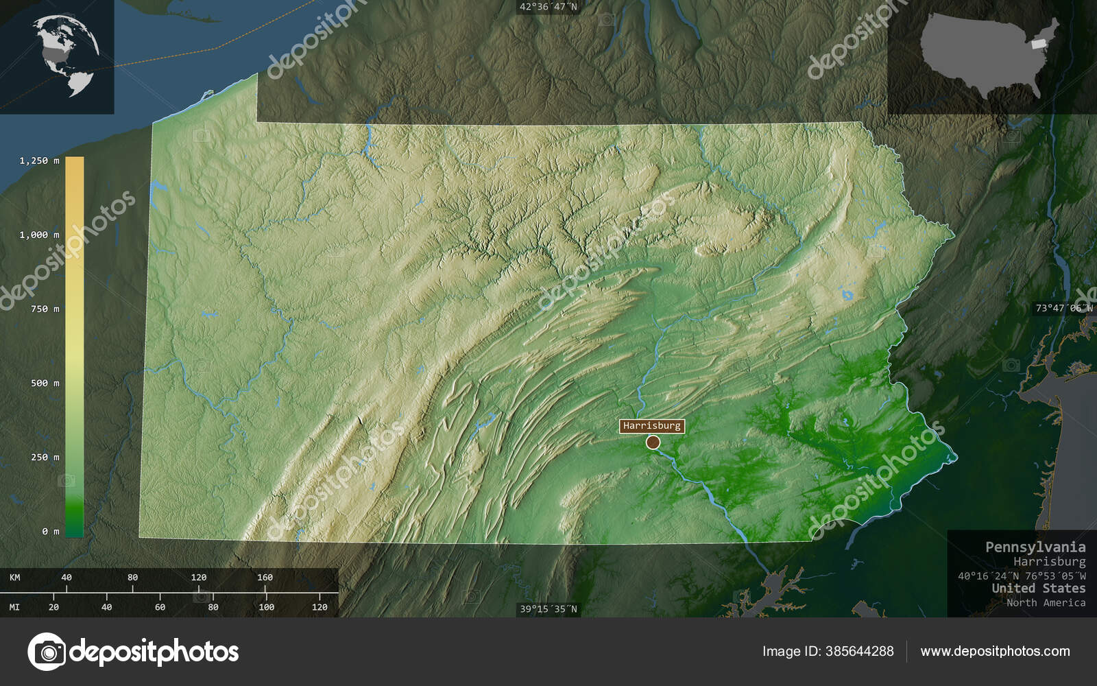 Pennsylvania State United States Colored Shader Data Lakes Rivers Shape ...