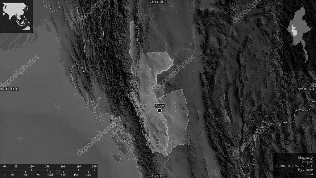 Magway, división de Myanmar. Mapa a escala de grises con lagos y ríos ...