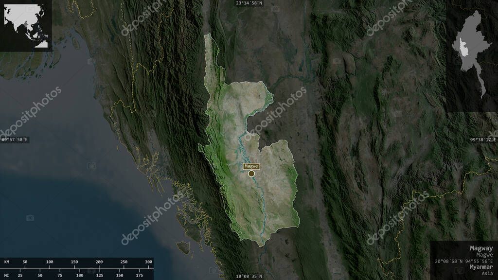 Magway, división de Myanmar. Imágenes de satélite. Forma presentada ...