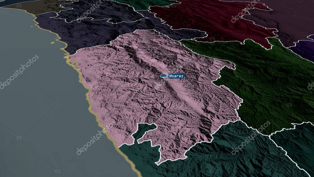 Ancash - región de Perú zoomed y destacó con capital. Mapa coloreado y ...