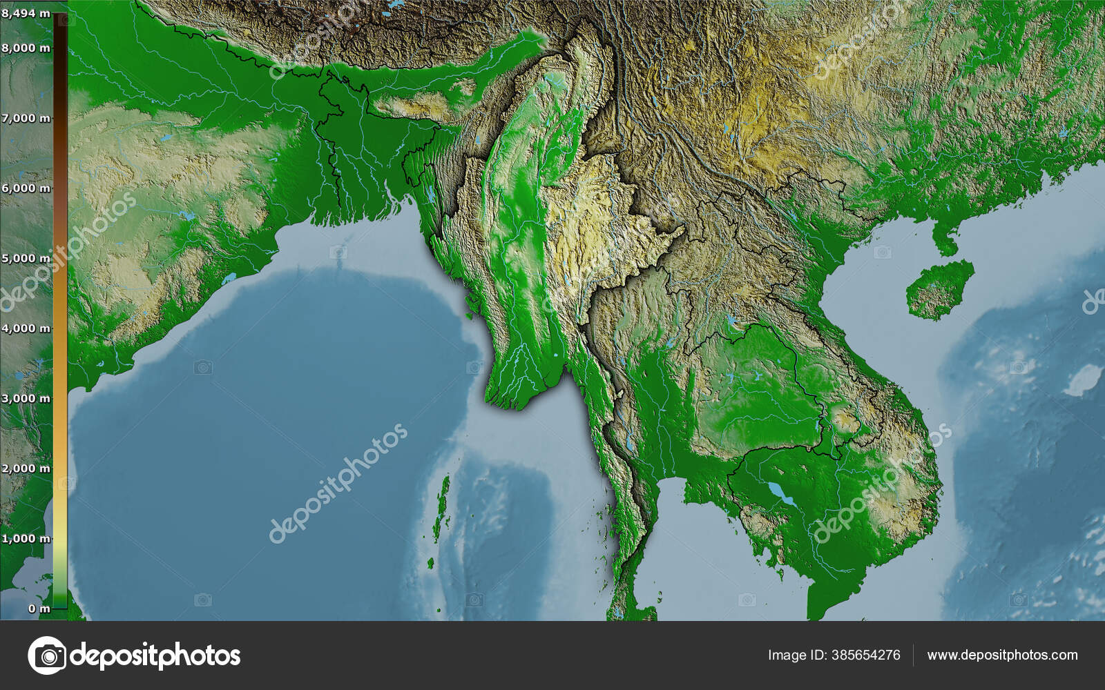 Physical Map Myanmar Area Stereographic Projection Legend Raw ...