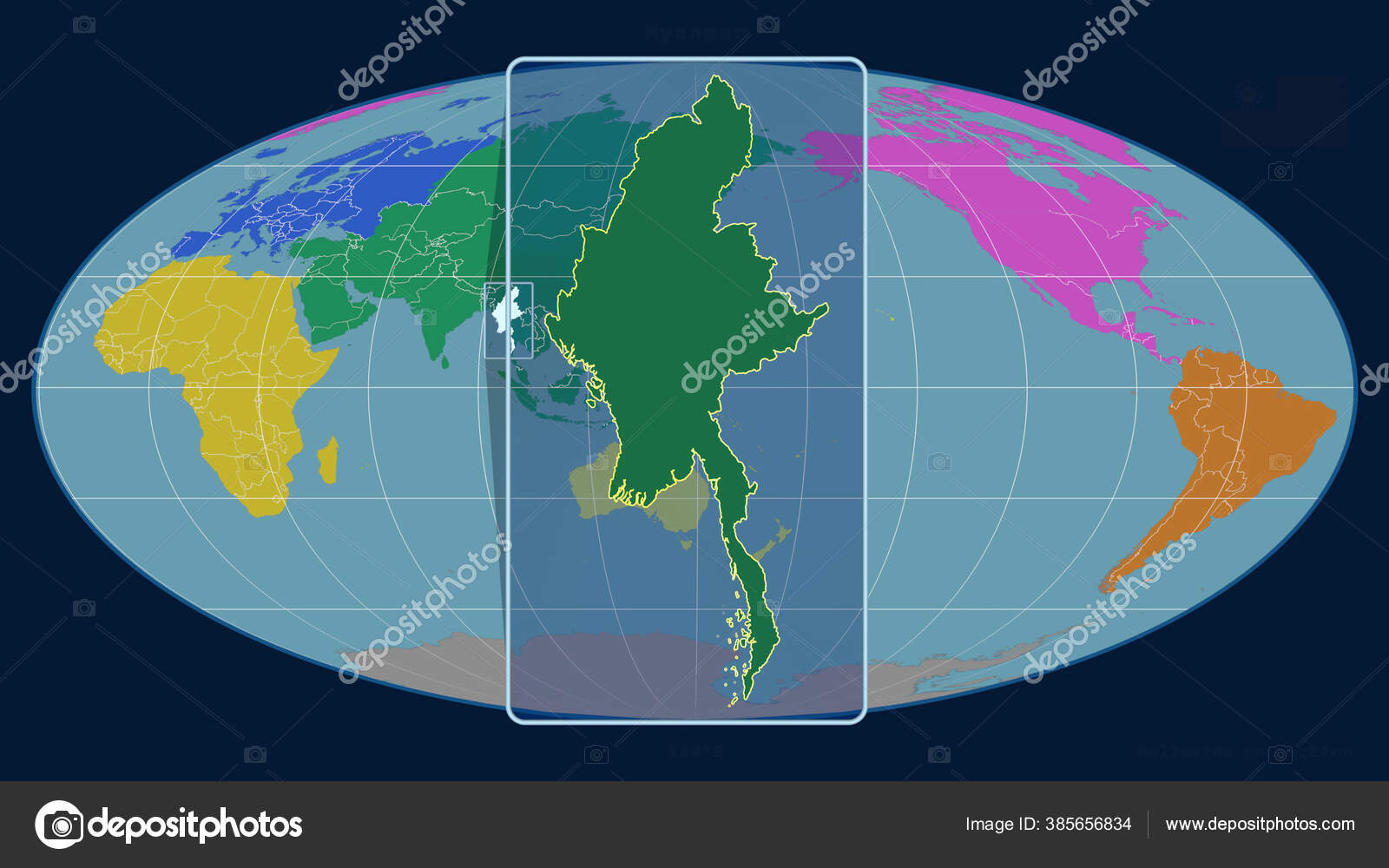 Zoomed View Myanmar Outline Perspective Lines Global Map Mollweide ...
