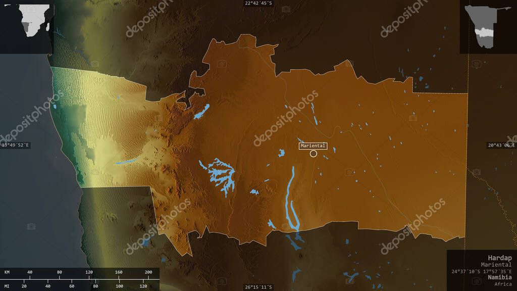 Hardap, región de Namibia. Relieve de colores con lagos y ríos. Forma ...
