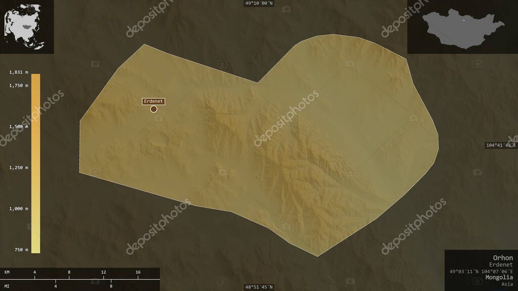 Orhon, municipio de Mongolia. Datos de sombreado de colores con lagos y ...