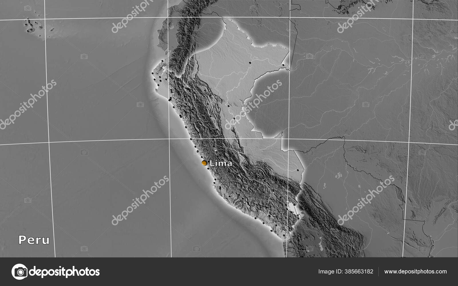 Peru Area Grayscale Elevation Map Stereographic Projection Main ...