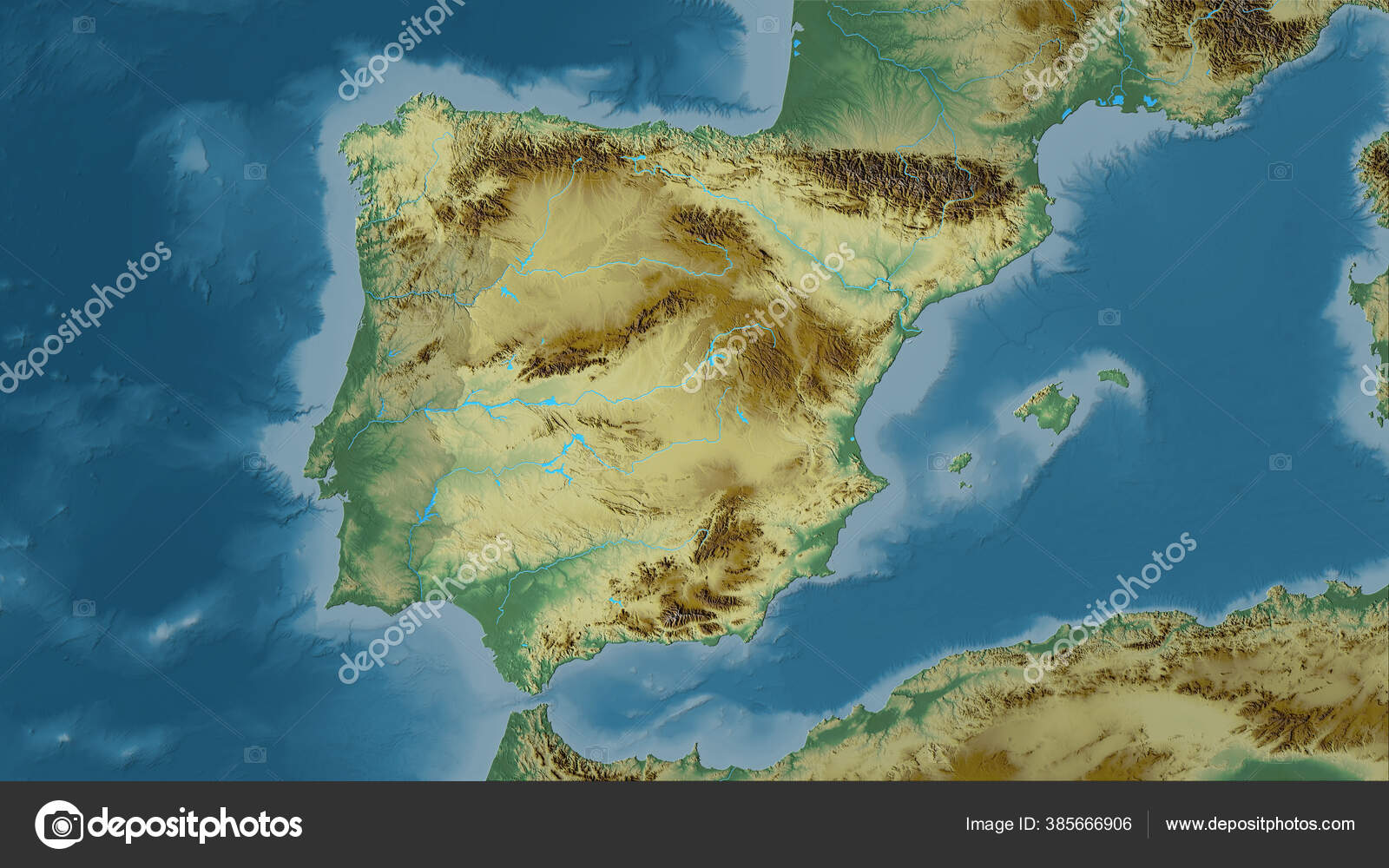 Spain Area Topographic Relief Map Stereographic Projection Raw ...