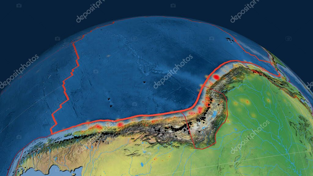 Placa tectónica de Nazca delineada en el globo. mapa topográfico ...