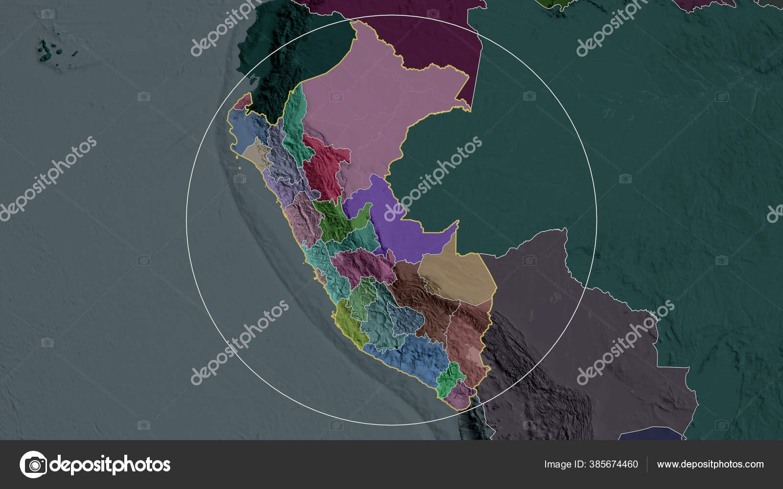 Peru Zoomed Circled Colored Bumped Map Administrative Division ...