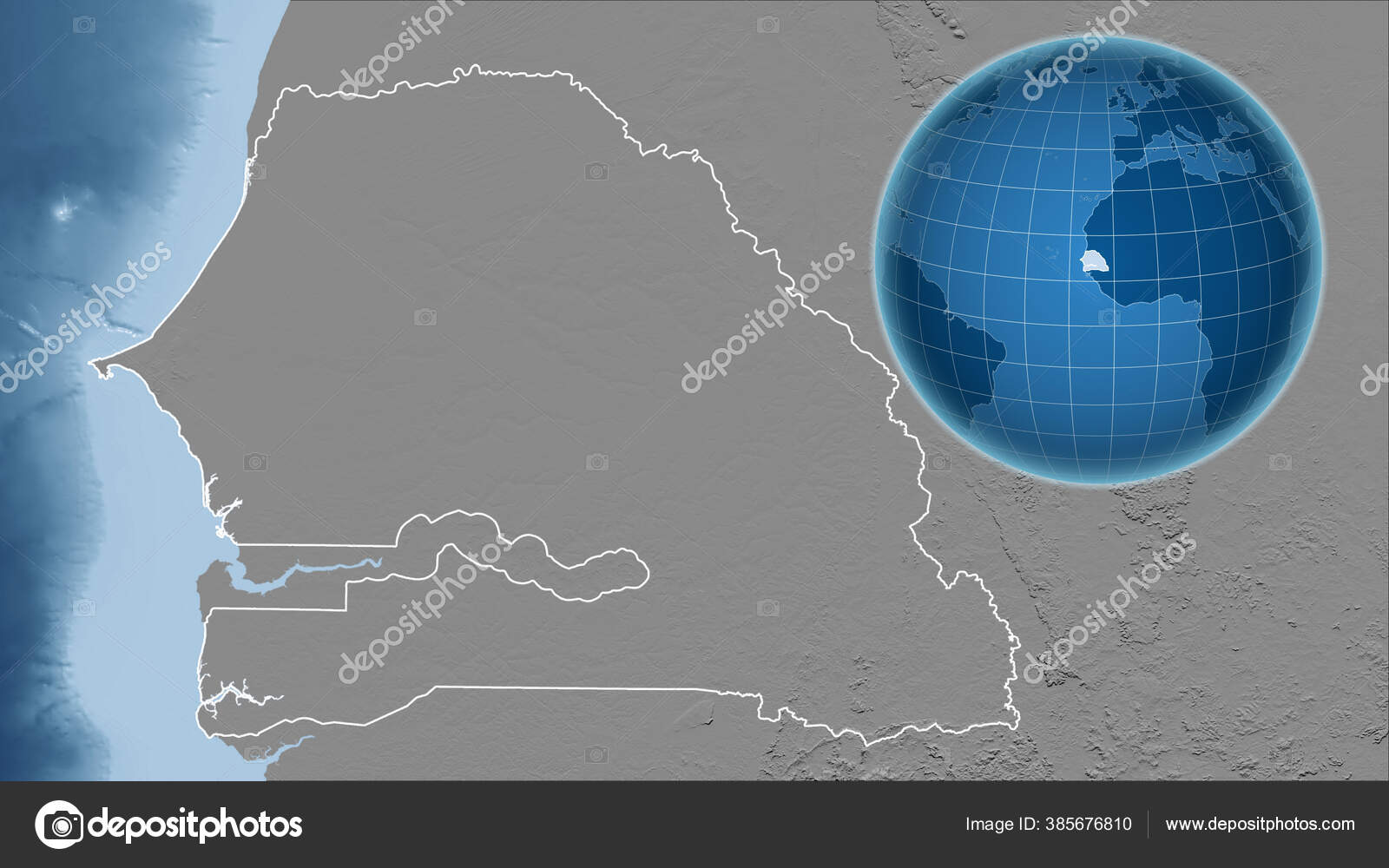 Senegal Globe Shape Country Zoomed Map Its Outline Grayscale Elevation ...