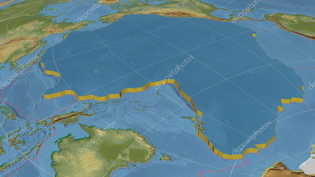 La placa tectónica del Pacífico amplió y extruyó el mapa físico de color global en la proyección ...