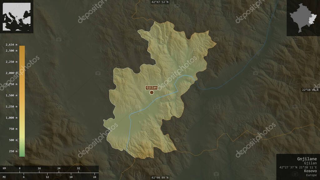 Gnjilane, distrito de Kosovo. Datos de sombreado de colores con lagos y ...