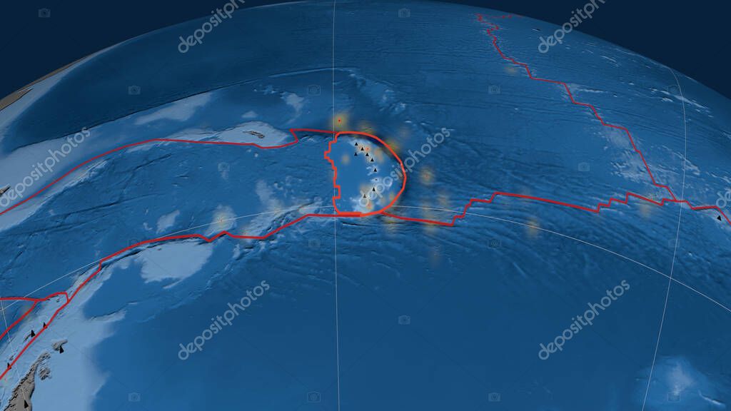 Placa tectónica sándwich delineada en el globo. topografía y batimetría ...
