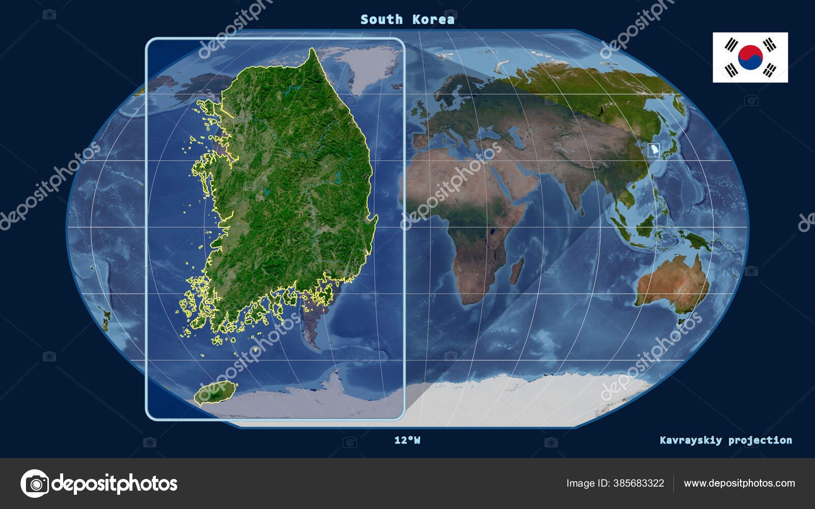 Zoomed View South Korea Outline Perspective Lines Global Map Kavrayskiy ...