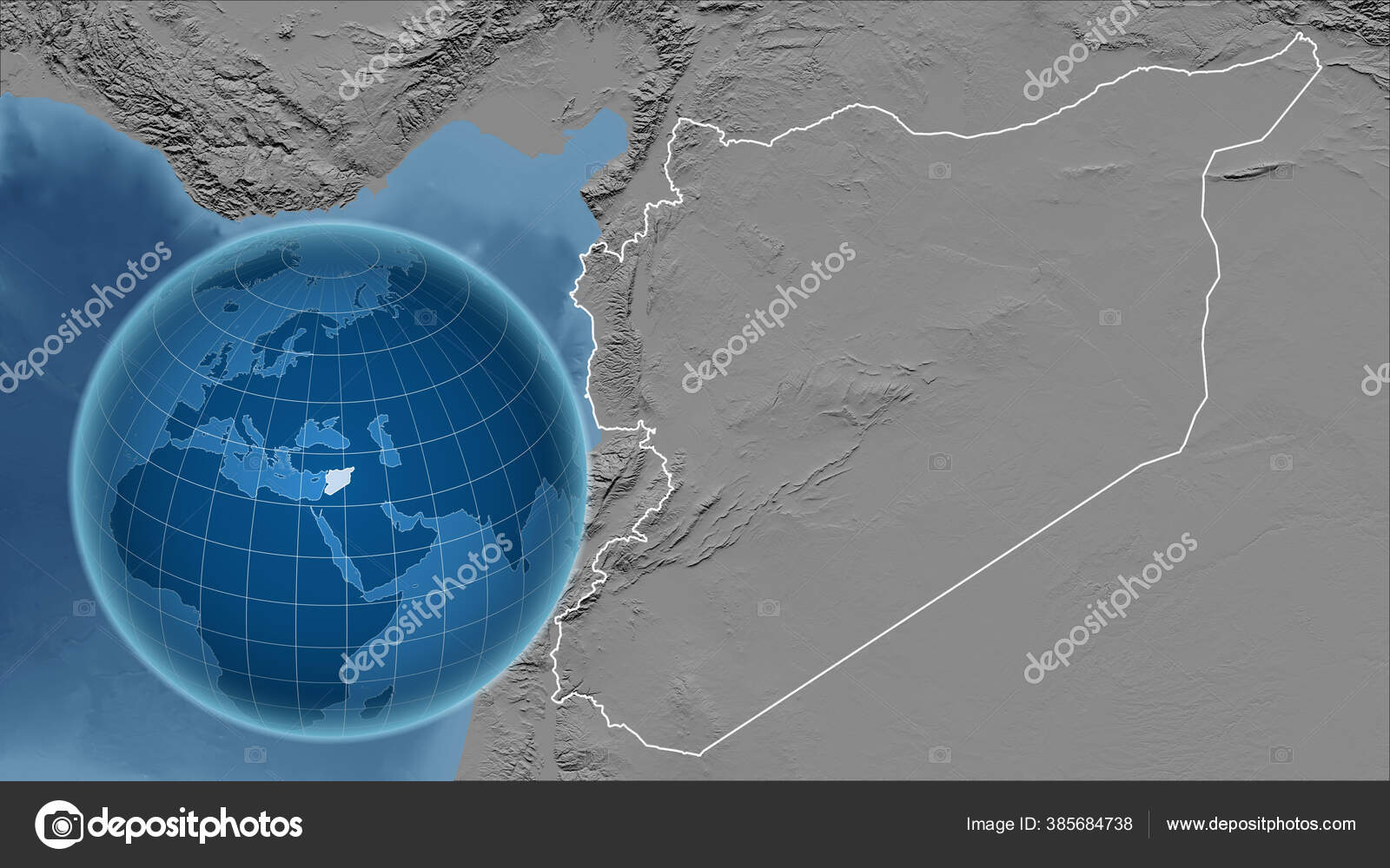 Syria Globe Shape Country Zoomed Map Its Outline Grayscale Elevation ...
