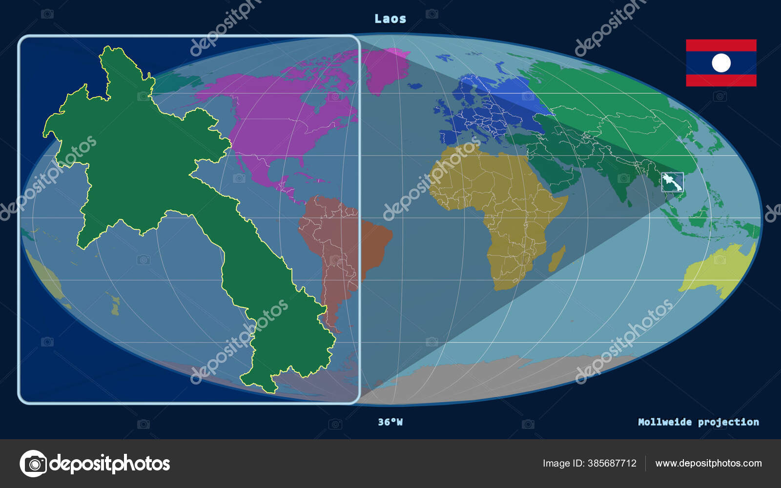 Zoomed View Laos Outline Perspective Lines Global Map Mollweide ...
