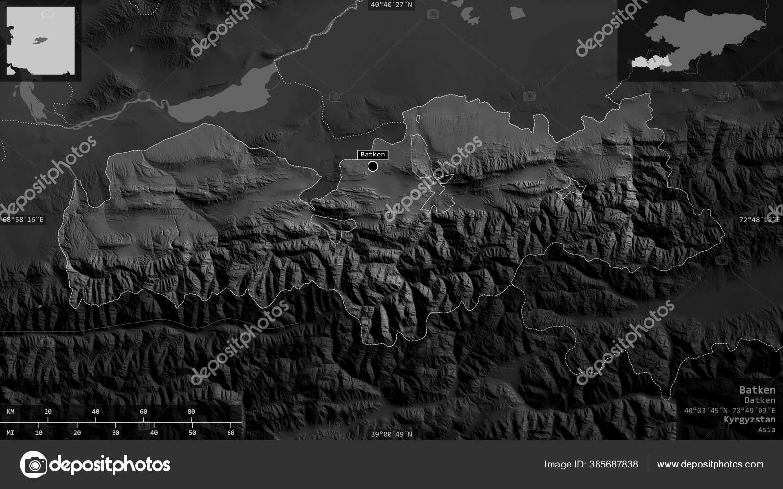 Batken Province Kyrgyzstan Grayscaled Map Lakes Rivers Shape Presented ...