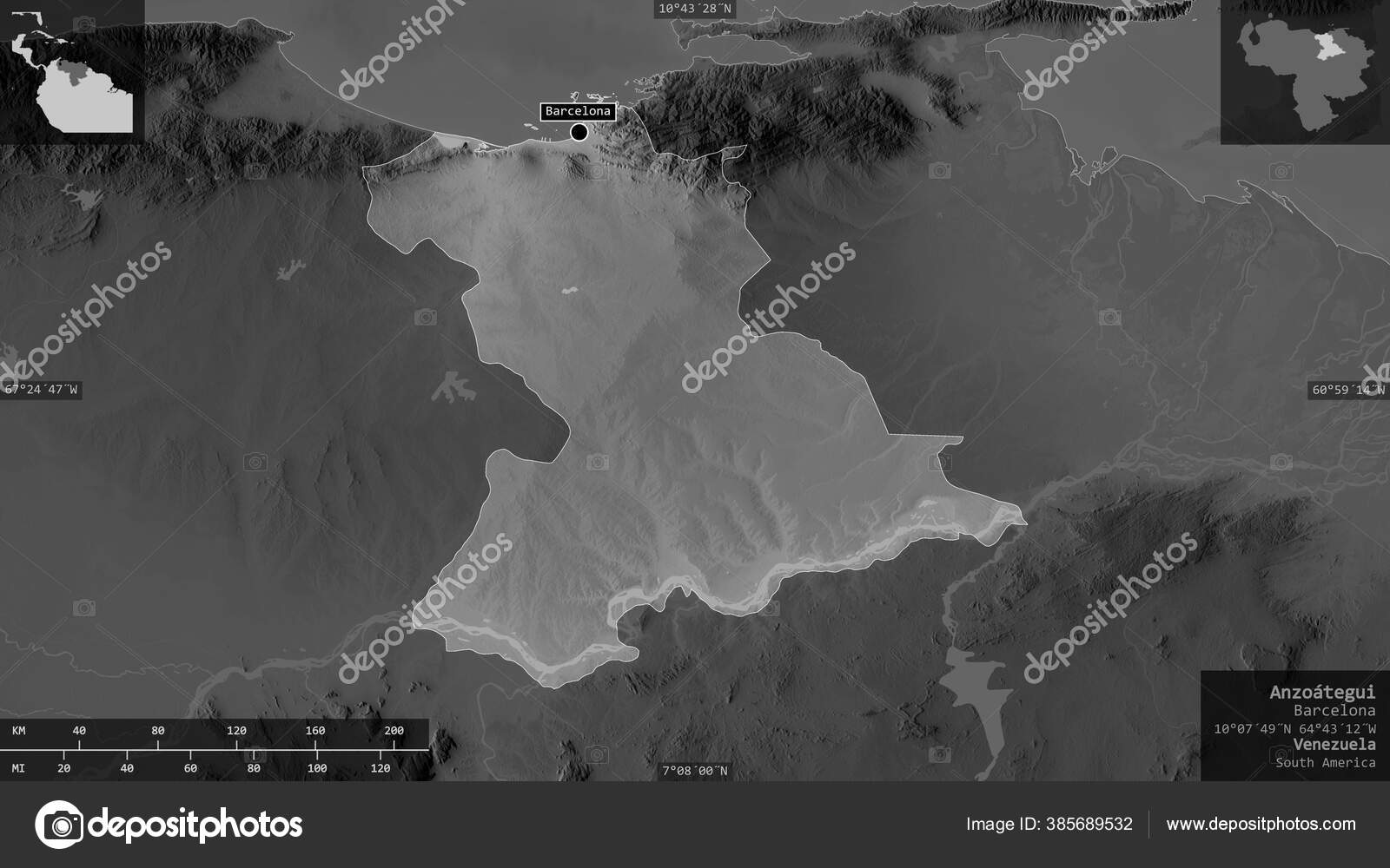 Anzoategui State Venezuela Grayscaled Map Lakes Rivers Shape Presented ...