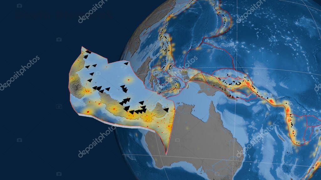 Placa tectónica de Bismarck Sur extruida y presentada contra el globo ...