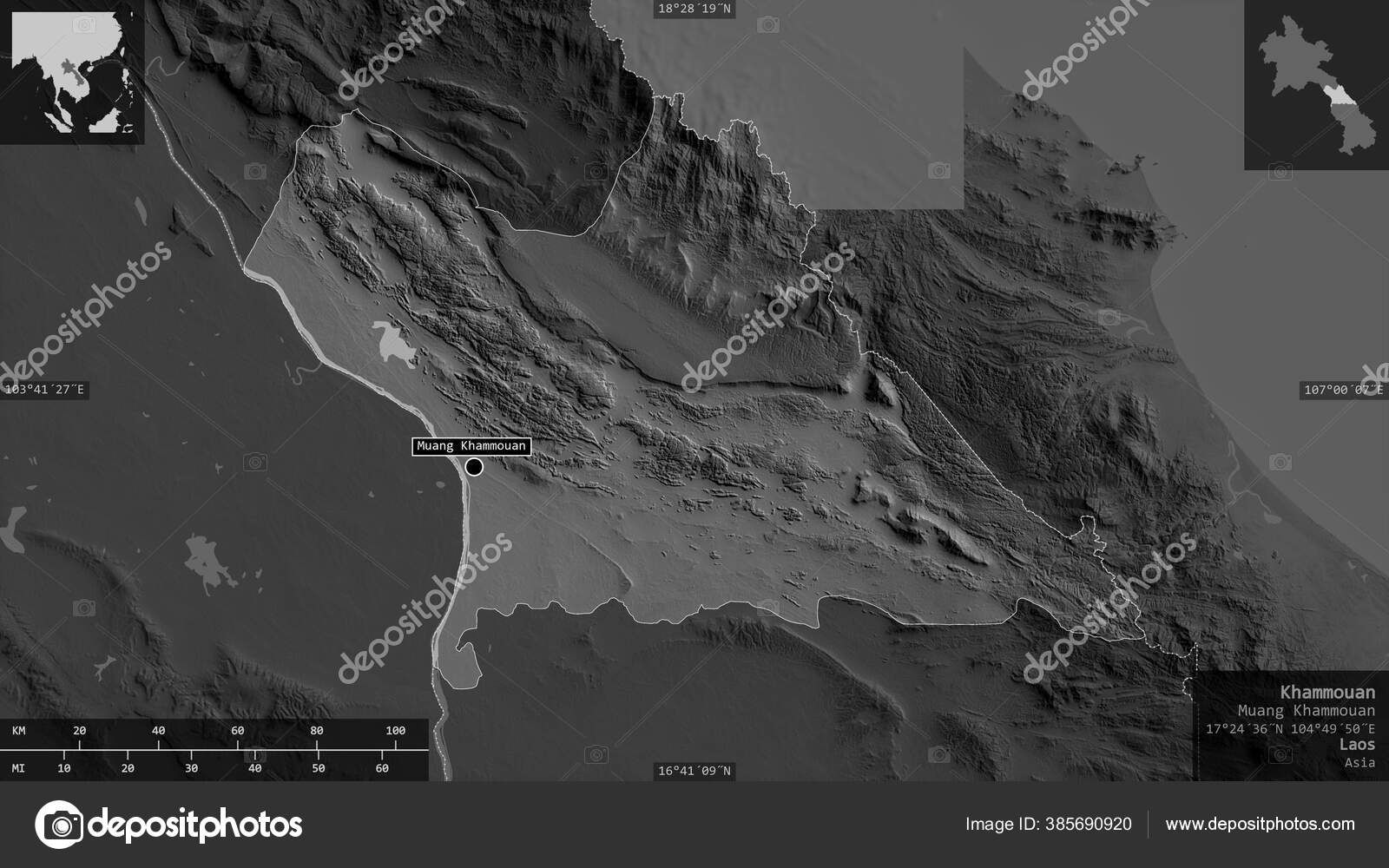 Khammouan Province Laos Grayscaled Map Lakes Rivers Shape Presented Its ...