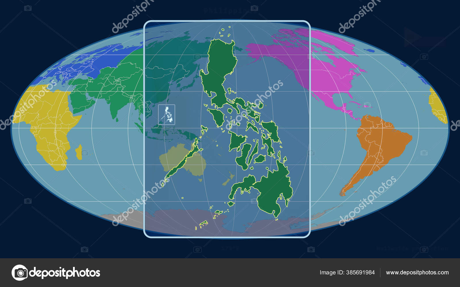 Zoomed View Philippines Outline Perspective Lines Global Map Mollweide ...