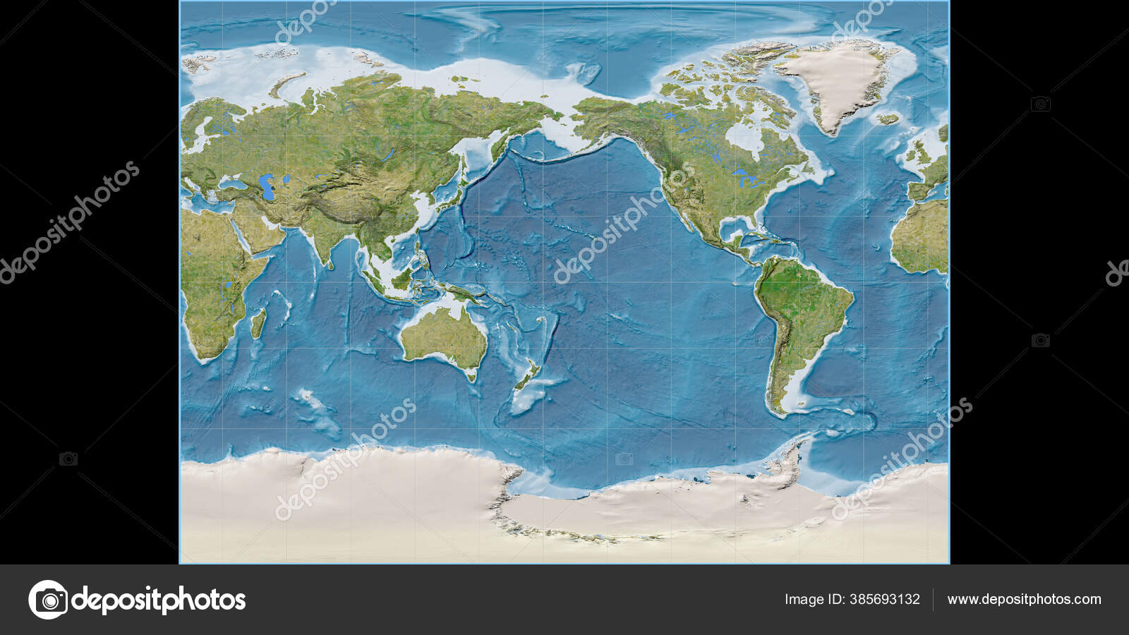 World Map Miller Cylindrical Projection Centered 170 West Longitude ...