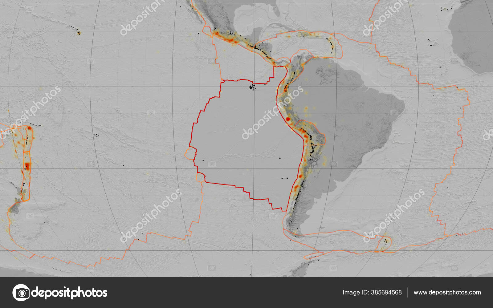 Placa Tectônica Nazca Delineada Mapa Global Elevação Escala Cinza ...