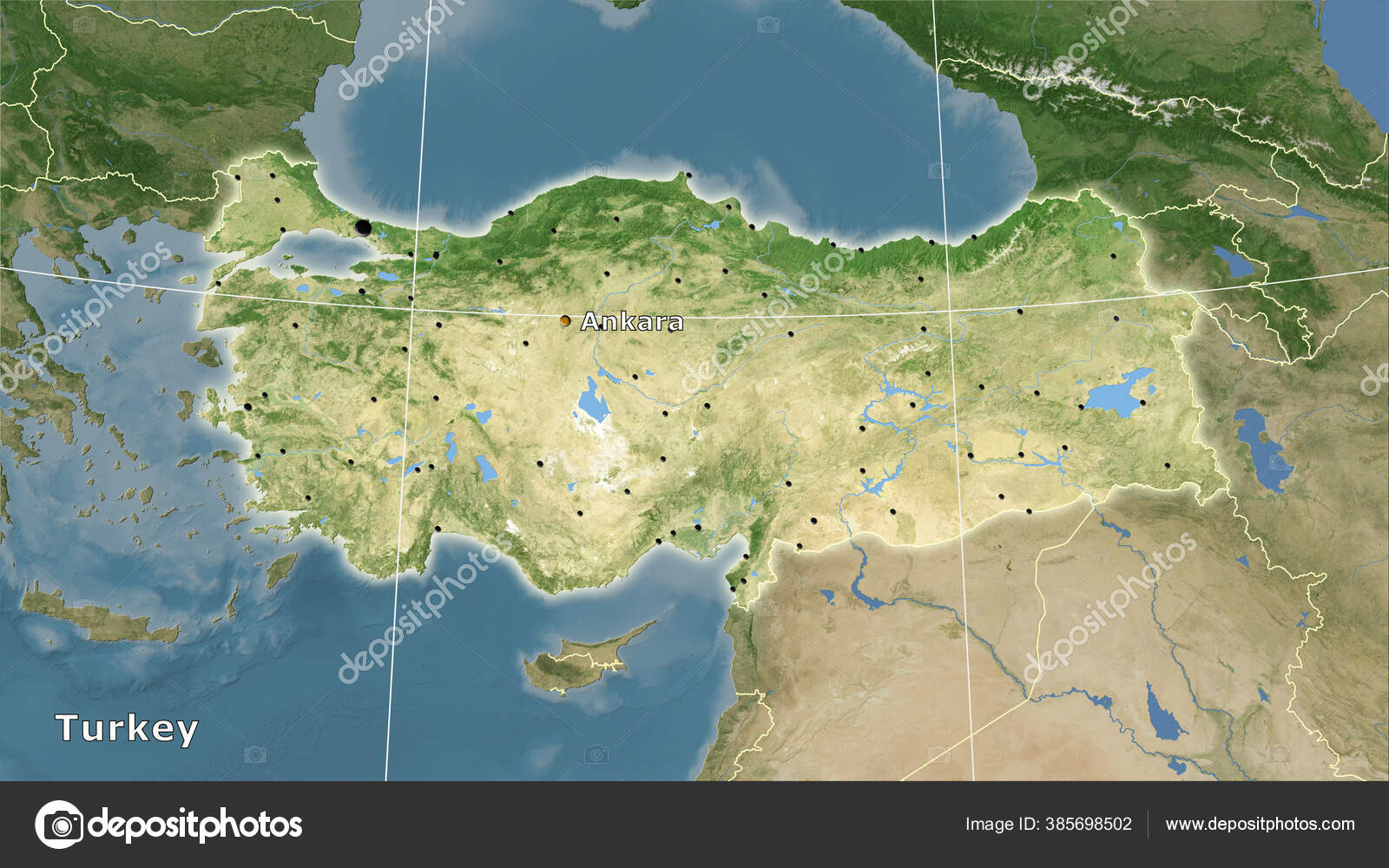 Turkey Area Satellite Map Stereographic Projection Main Composition ...