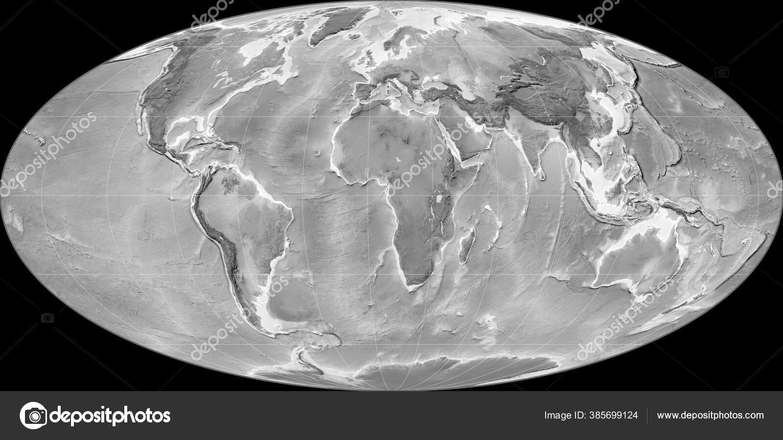 World Map Mollweide Projection Centered East Longitude Grayscale ...