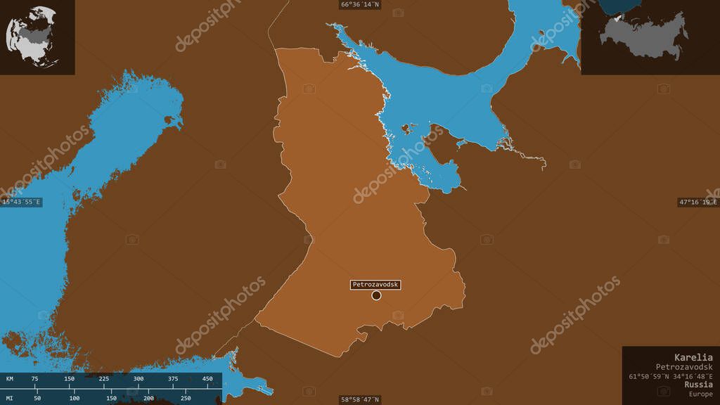 Karelia, república de Rusia. Sólidos modelados con lagos y ríos. Forma ...