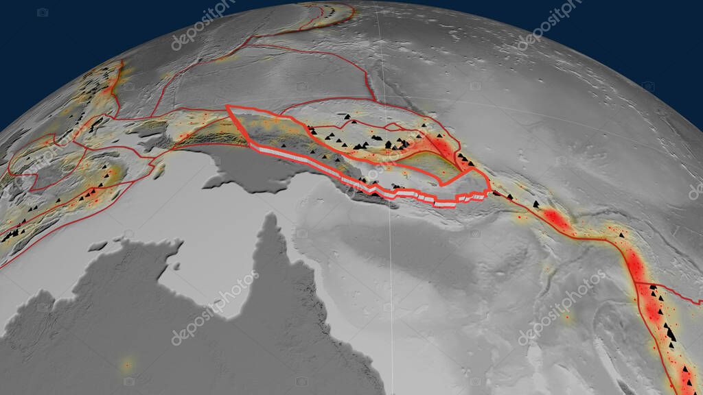 Placa tectónica de alondra de madera extruida en el globo. mapa de ...